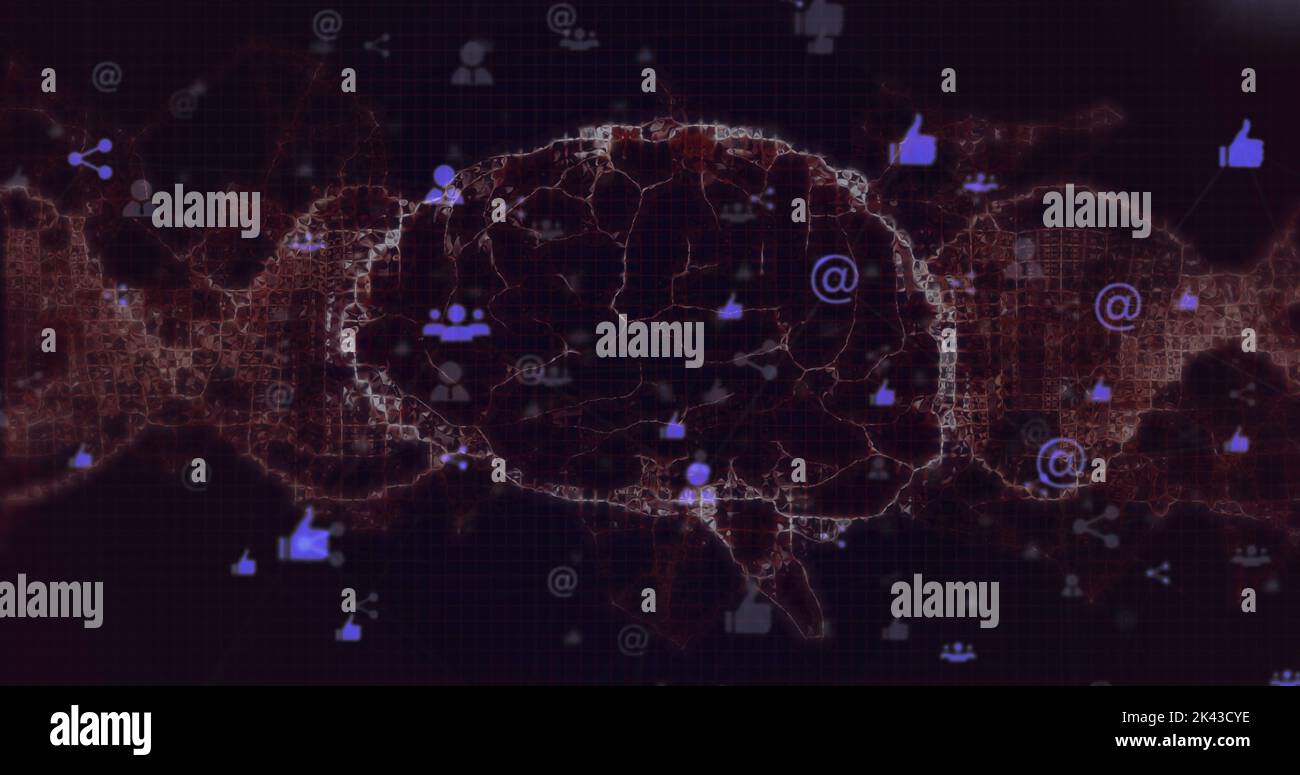 Image of digital brain and data processing,with purple icons floating ...