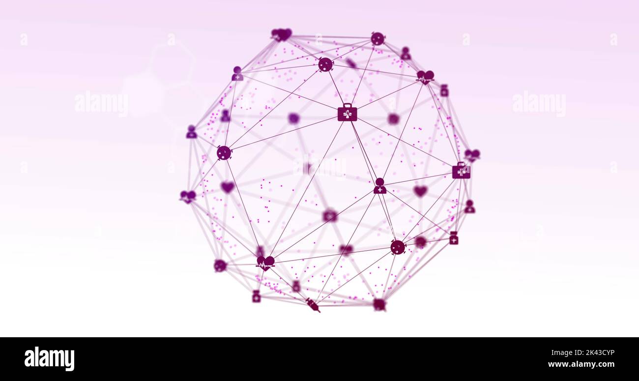 Image of turning globe of connected purple icons and data processing on ...