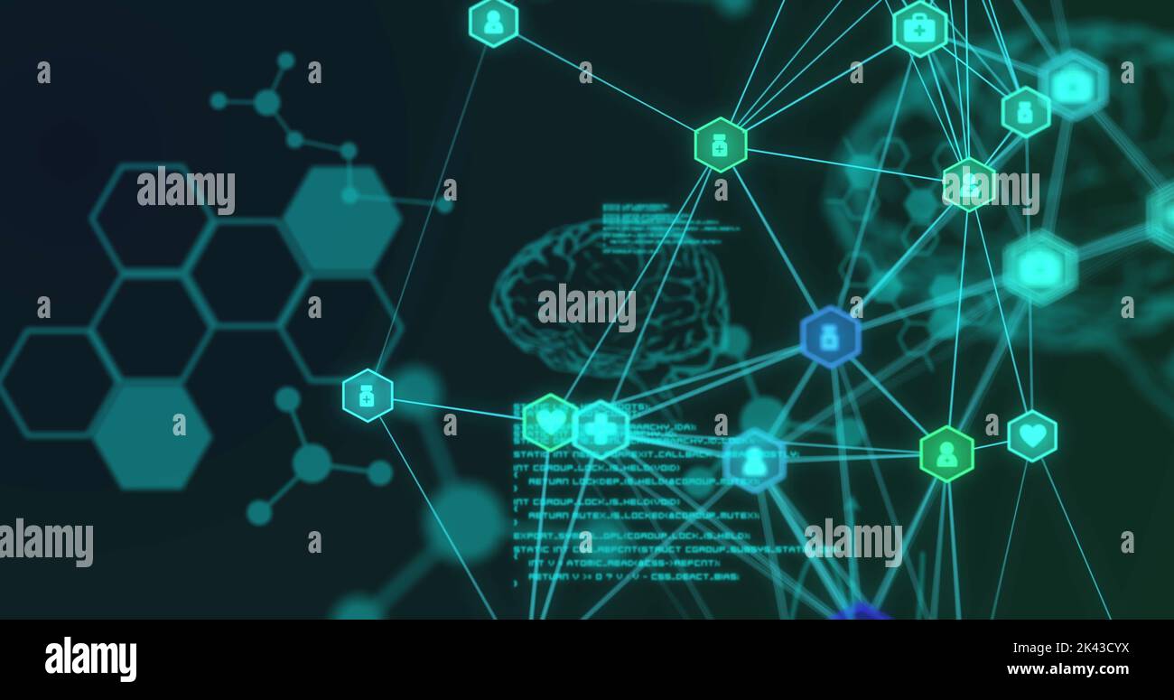 Image of brain and research data processing with network of connected ...