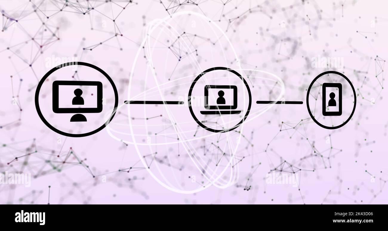 Image of connected digital communication media icons with spinning ...
