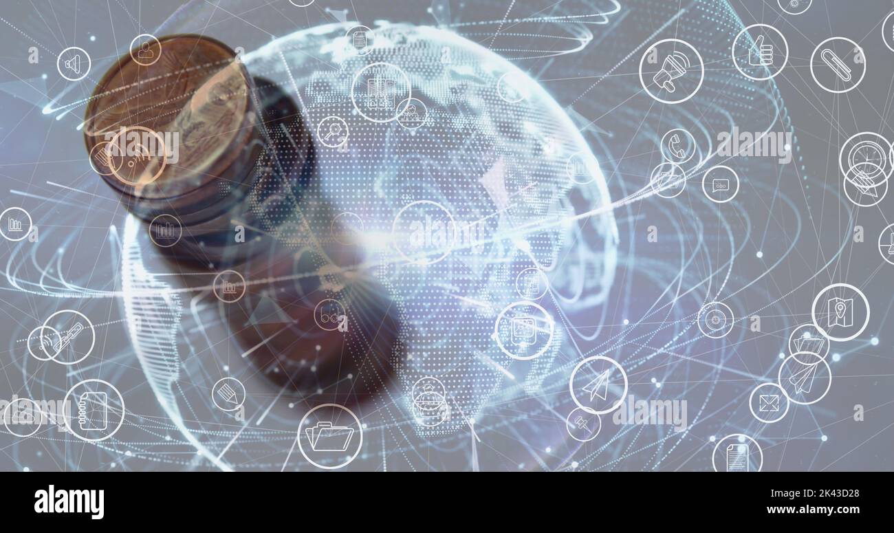 Image of media icons and globe over coins Stock Photo - Alamy