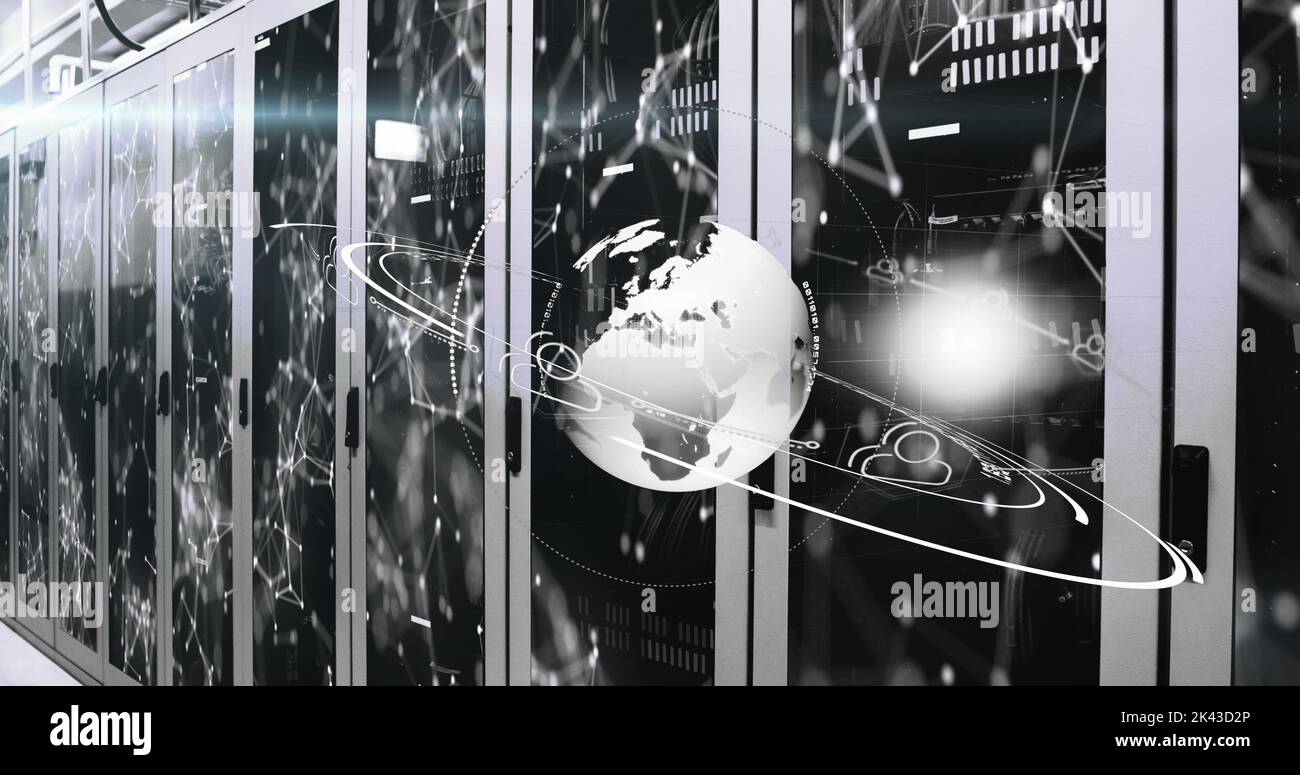 Image of shapes and globe over server room Stock Photo - Alamy