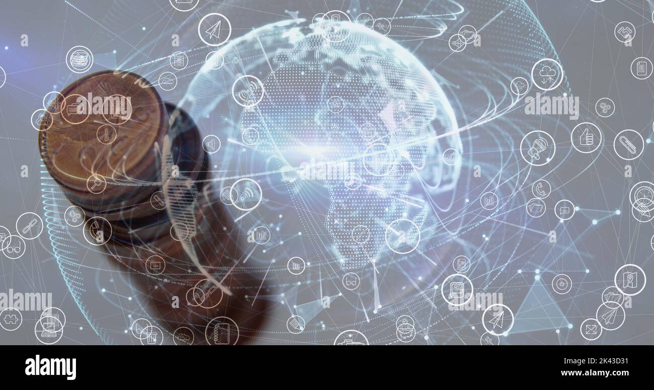 Image of media icons and globe over coins Stock Photo - Alamy