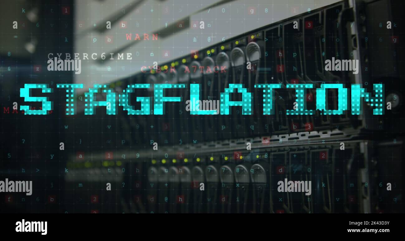 Image of data processing and stagflation text over server room Stock Photo - Alamy