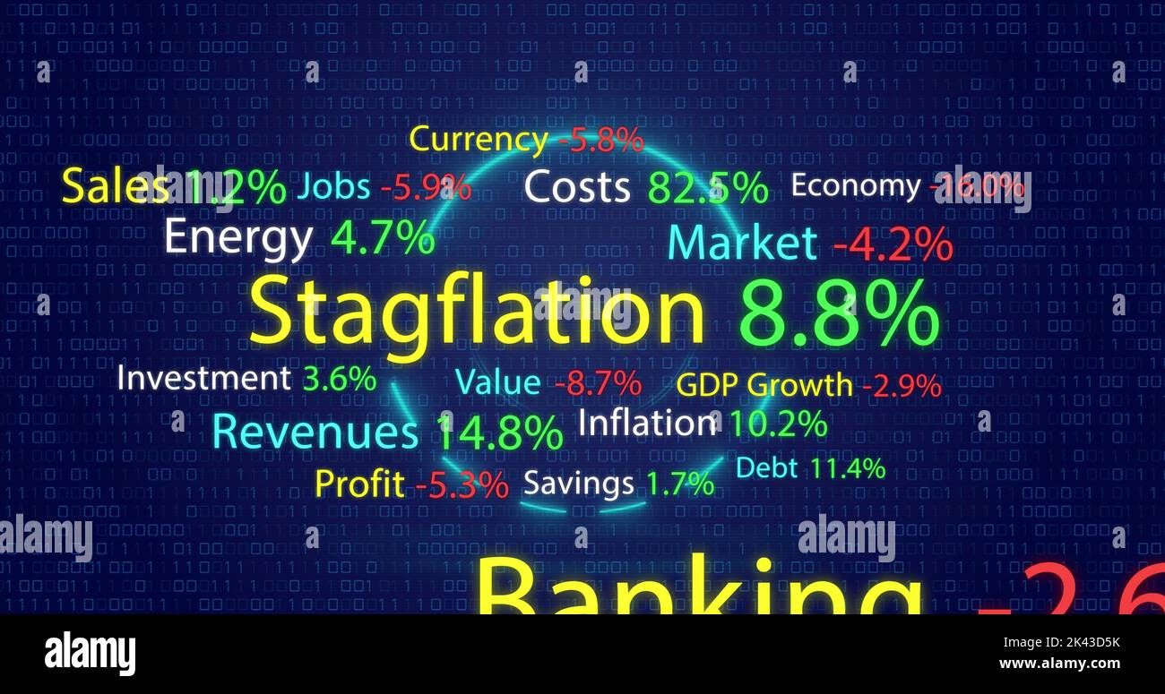 Image of data processing and stagflation text over circles Stock Photo - Alamy
