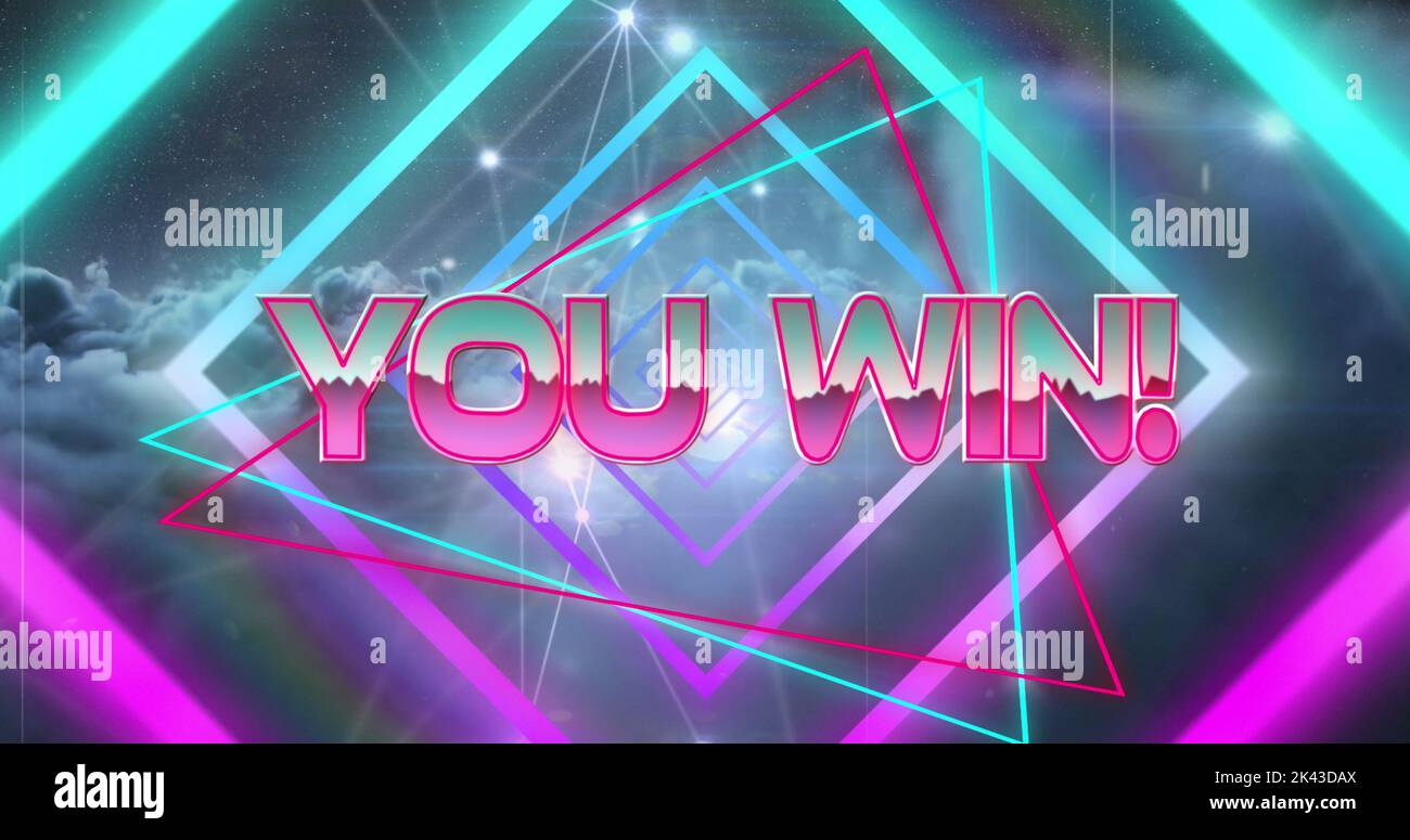 Image of you win text banner over tunnel in seamless pattern against ...