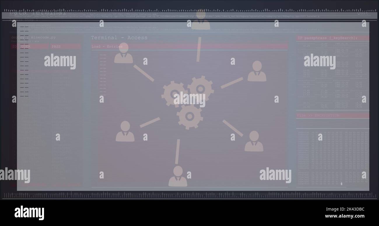 Image of network of digital icons over data processing against black ...