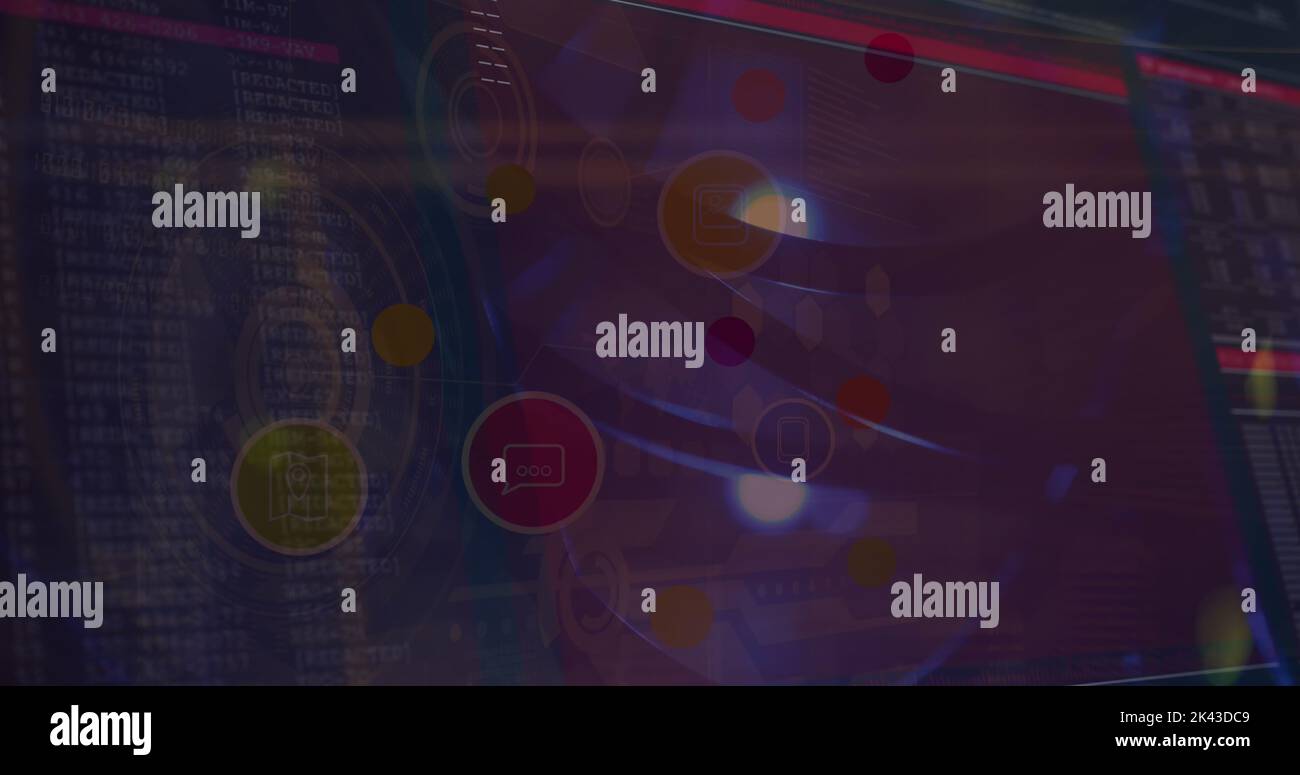 Image of light spot and digital icons over data processing against blue ...