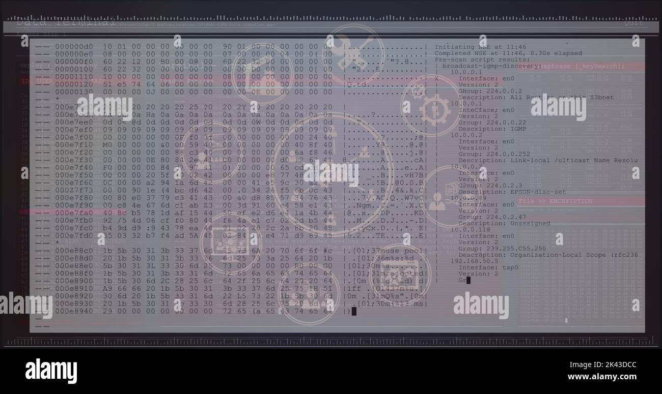 Image of network of digital icons over data processing against black ...