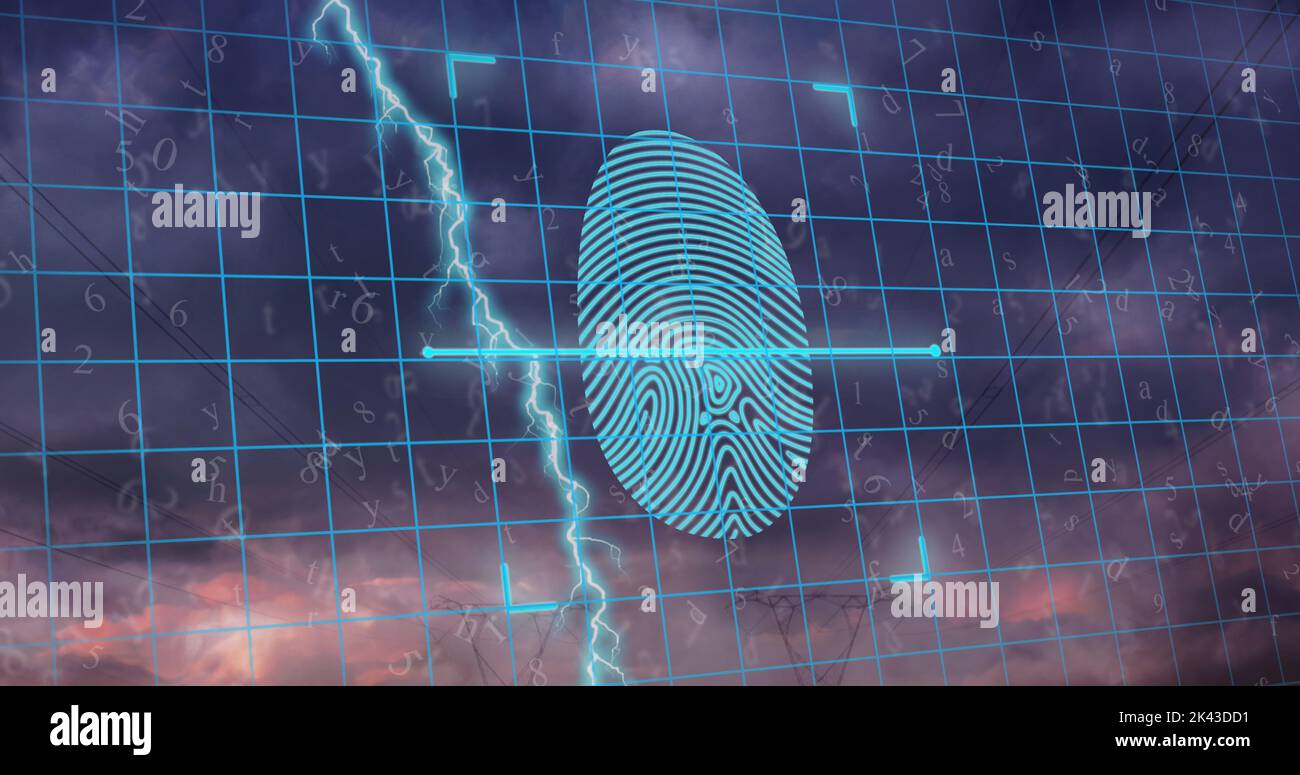 Image of biometric fingerprint scanner over grid network against ...