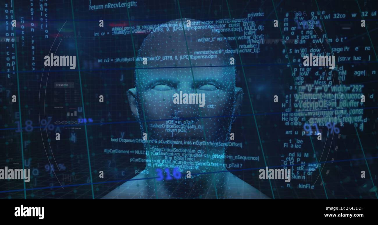 Image of data processing over digital human face on black background ...