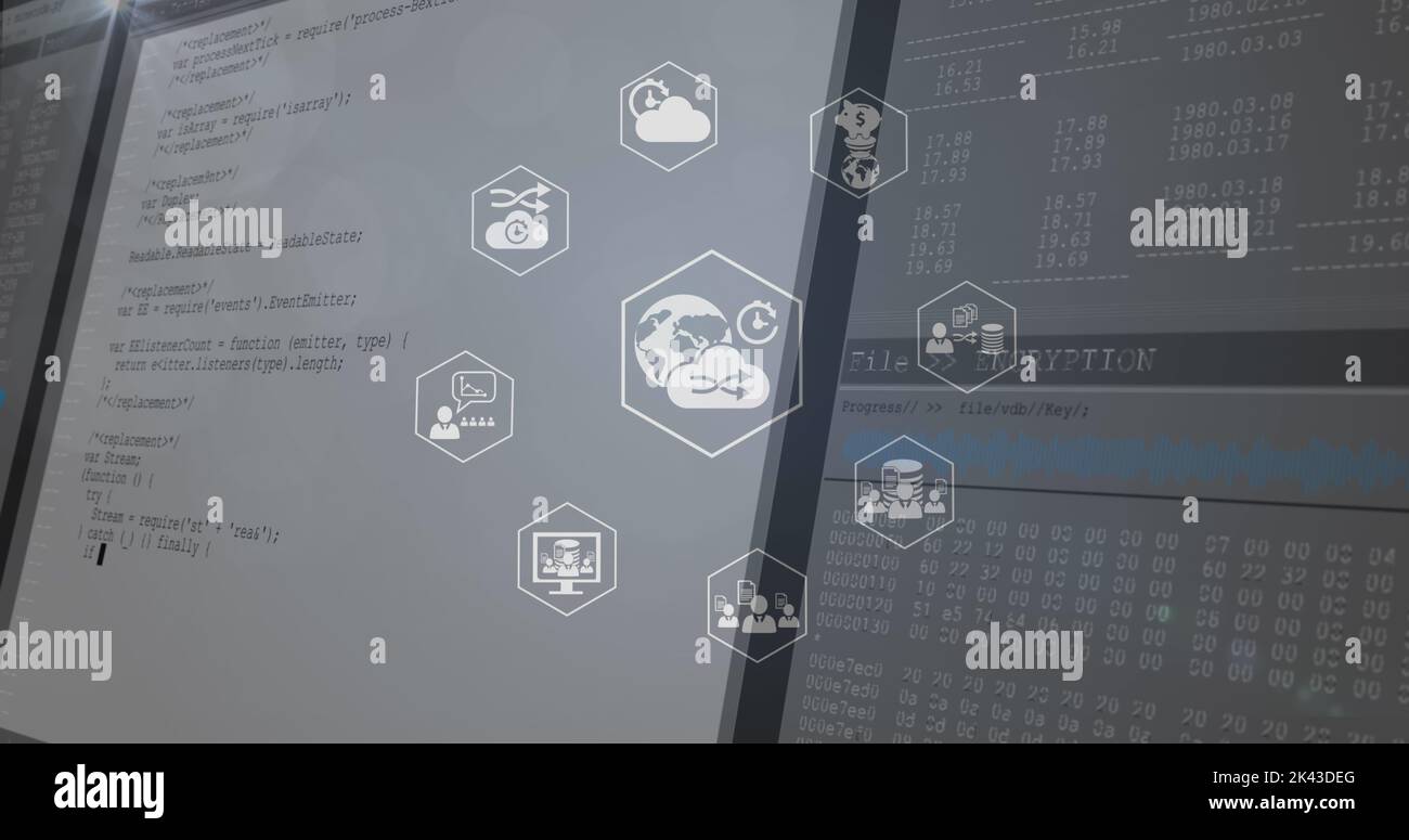 Image of network of digital icons over data processing against blue ...