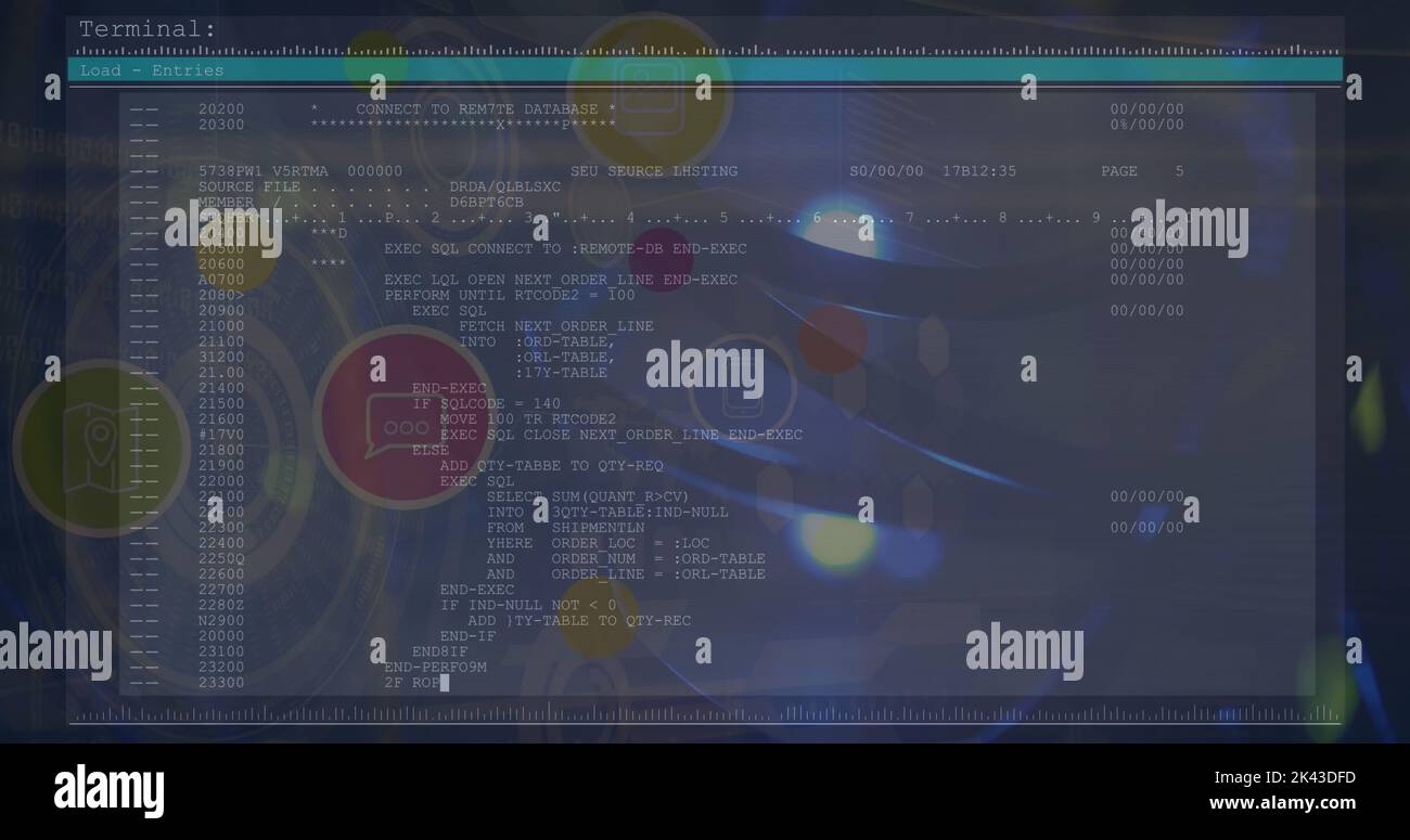 Image of light spot and digital icons over data processing against blue ...
