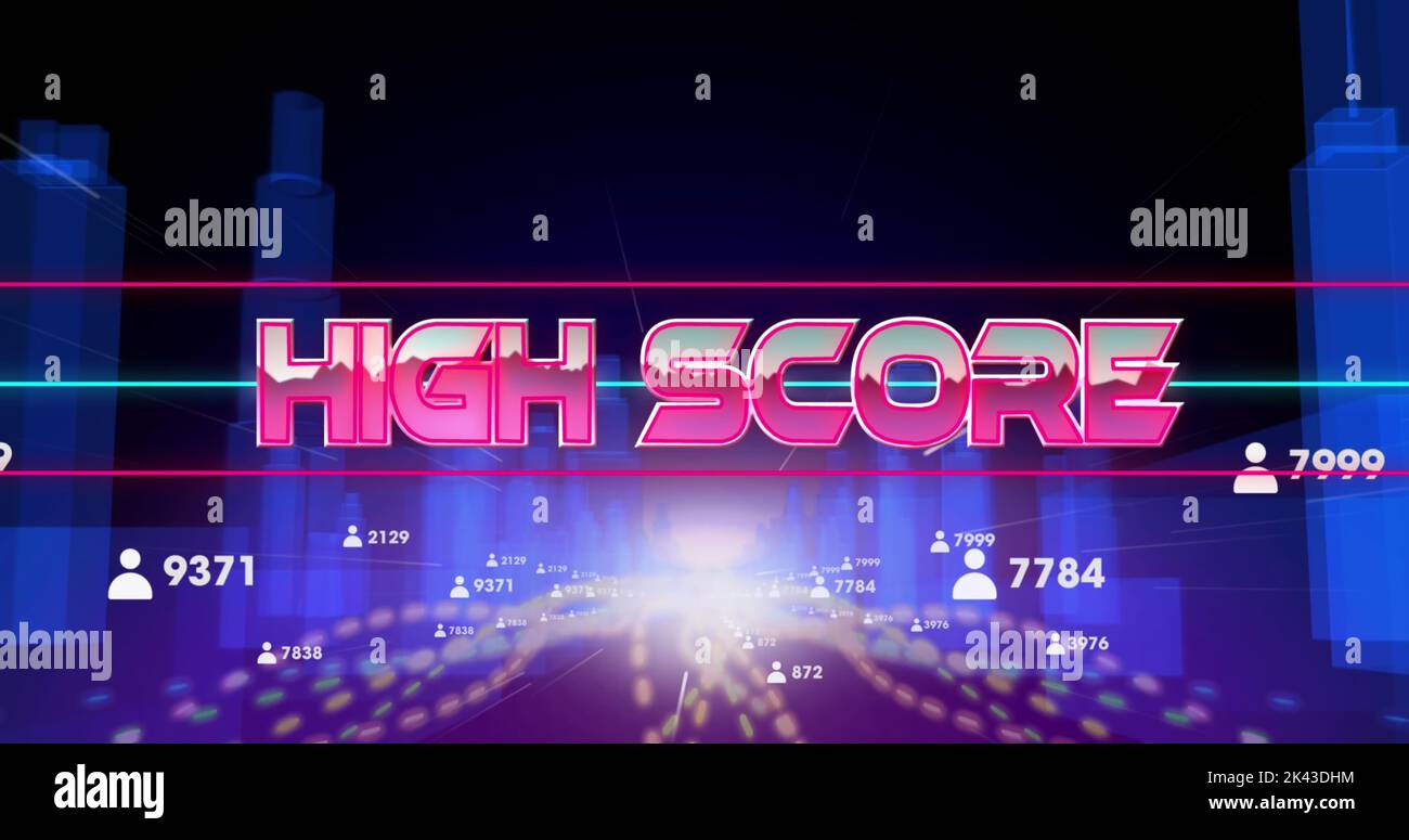 Image of high score text banner and profile icons over light trails ...