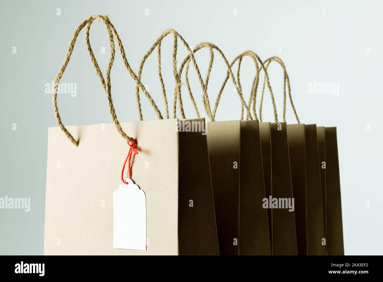 Composition of gift tag and paper shopping bags on white background ...