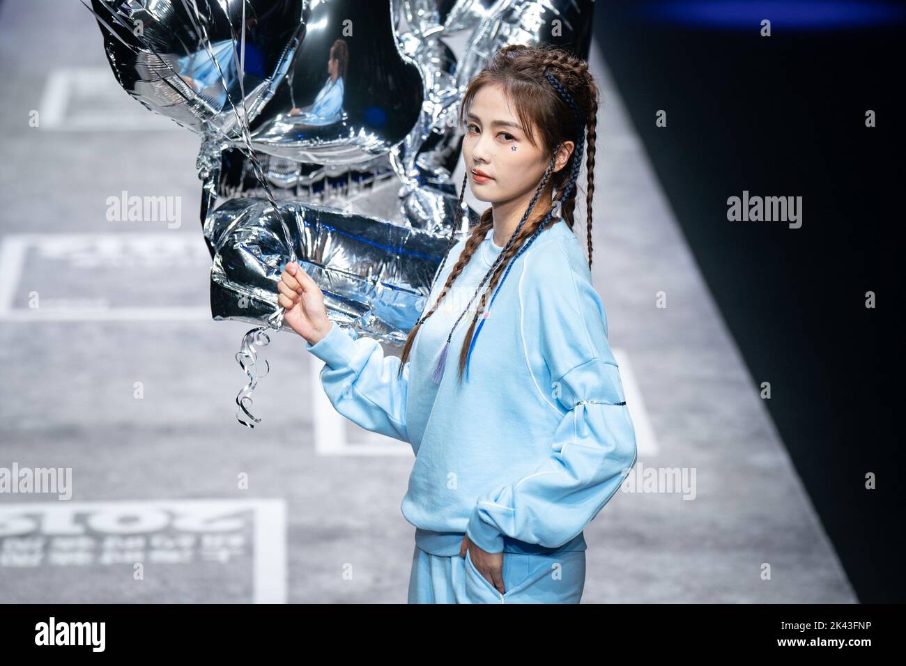 SHANGHAI, CHINA - SEPTEMBER 29, 2022 - Actress Bai Lu wears a blue ...
