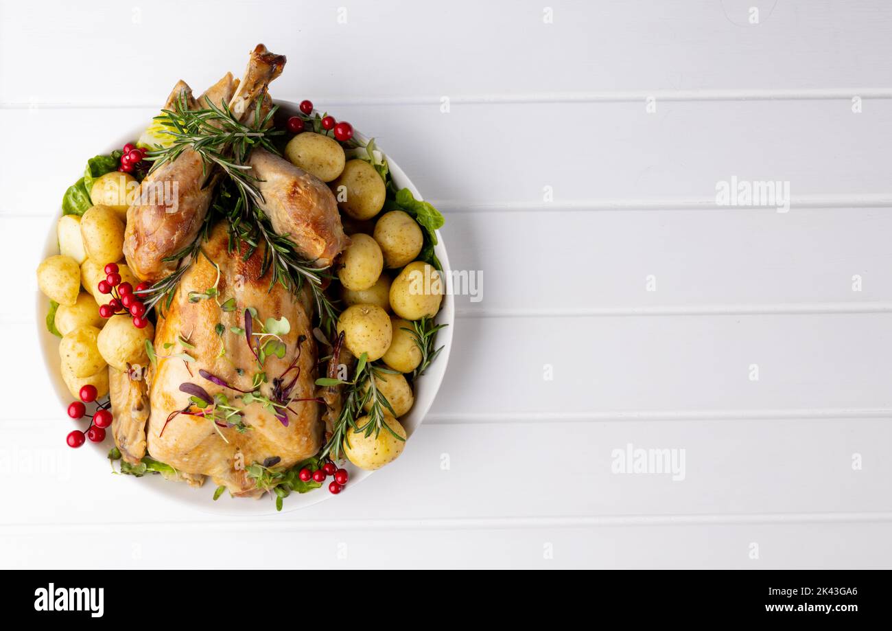 Overhead view of thanksgiving roast turkey with potatoes and copy space ...