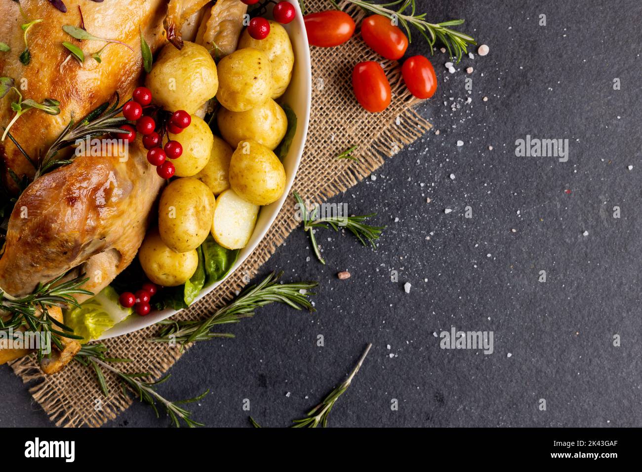 Overhead view of thanksgiving roast turkey with potatoes and copy space ...