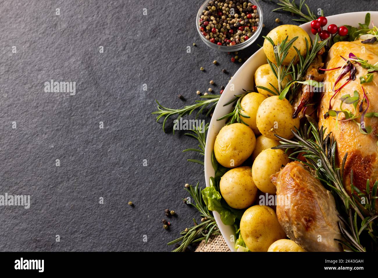 Overhead view of thanksgiving roast turkey with potatoes and copy space ...