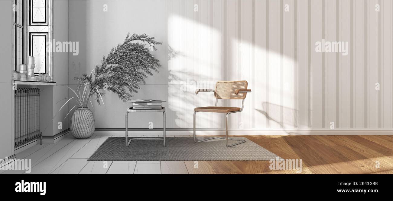 Architect interior designer concept: hand-drawn draft unfinished ...