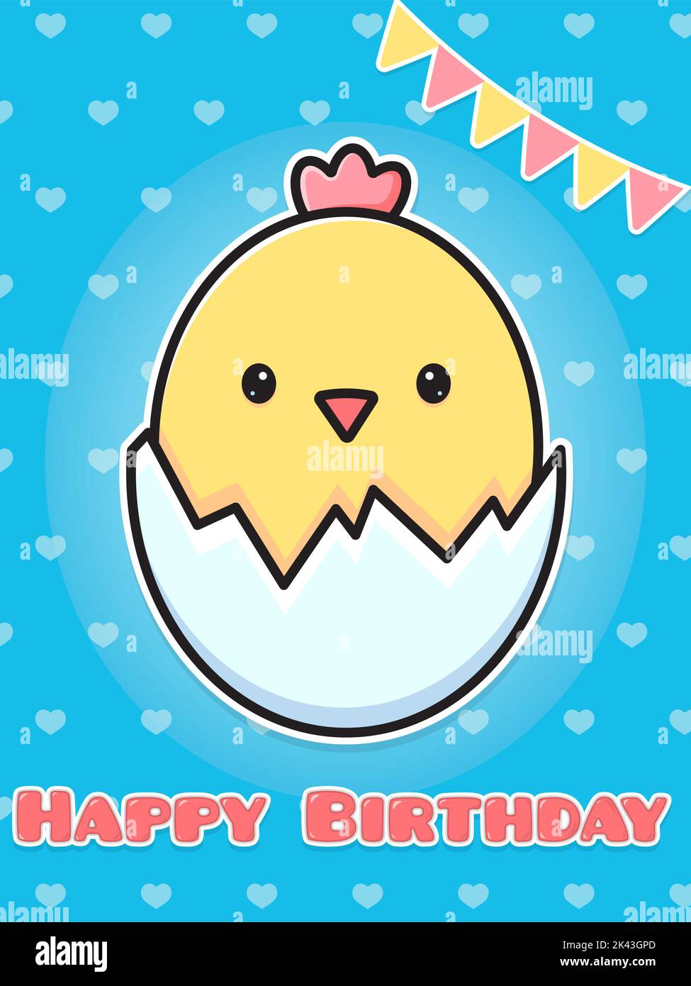 Greeting card Happy Birthday. chicken in shell. cute cartoon flat ...