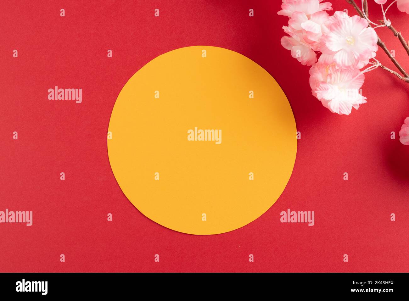 Composition of close up of cherry blossom and yellow circle on red ...