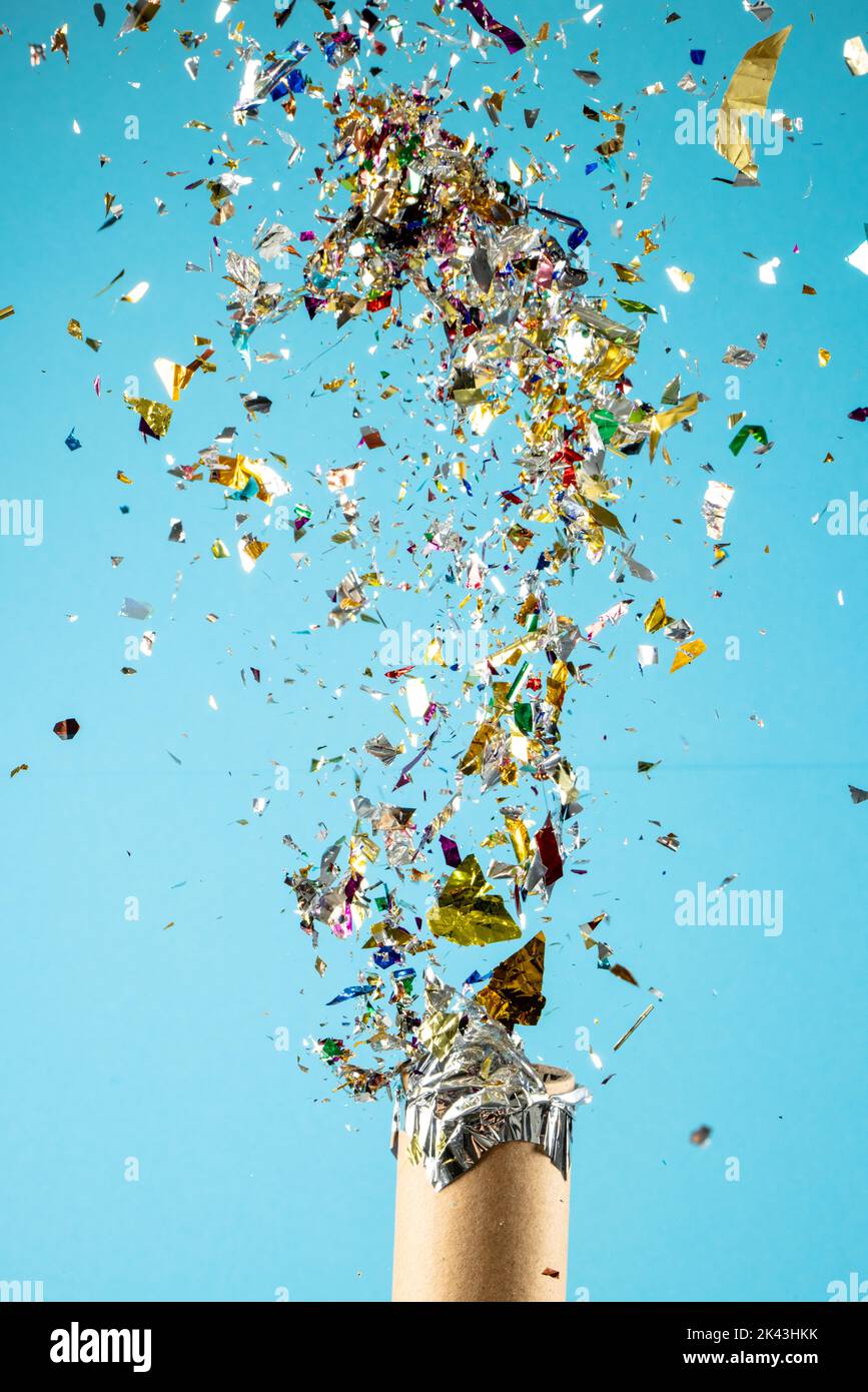 Composition of close up of new years confetti on blue background Stock ...