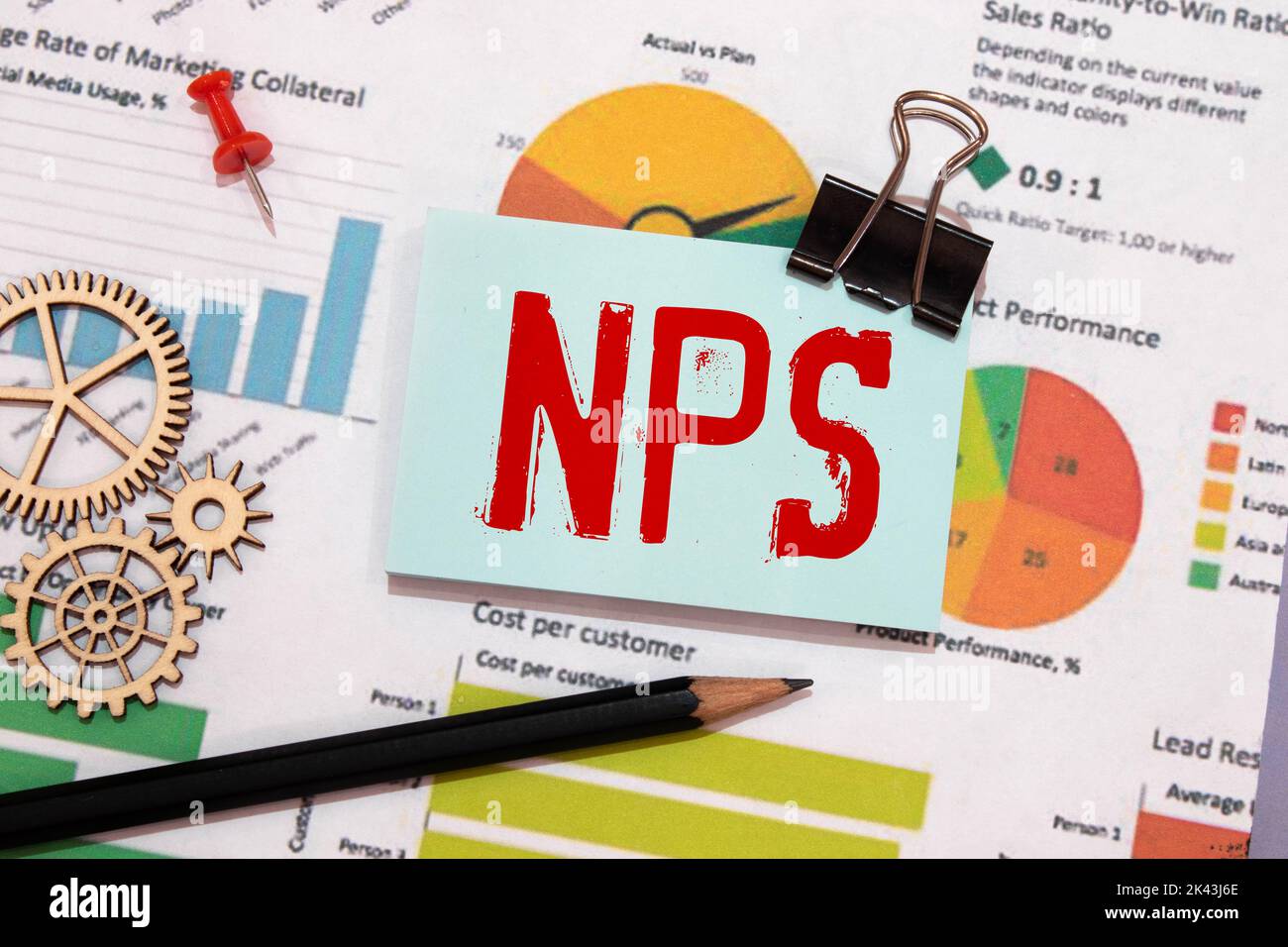 On a light background, a brown notebook, a black pen and paper clips ...