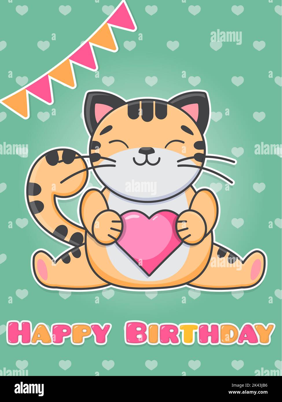 Greeting card Happy Birthday. Cute cat is holding a pink heart. cartoon ...