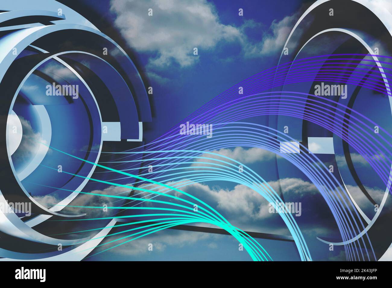 Abstract illustration of blue digital waves over two round scope scanners against clouds in blue ...