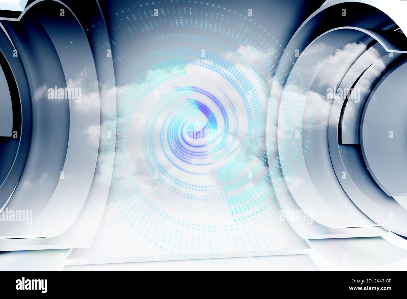 Abstract illustration of blue spiral light trails over two round scope ...