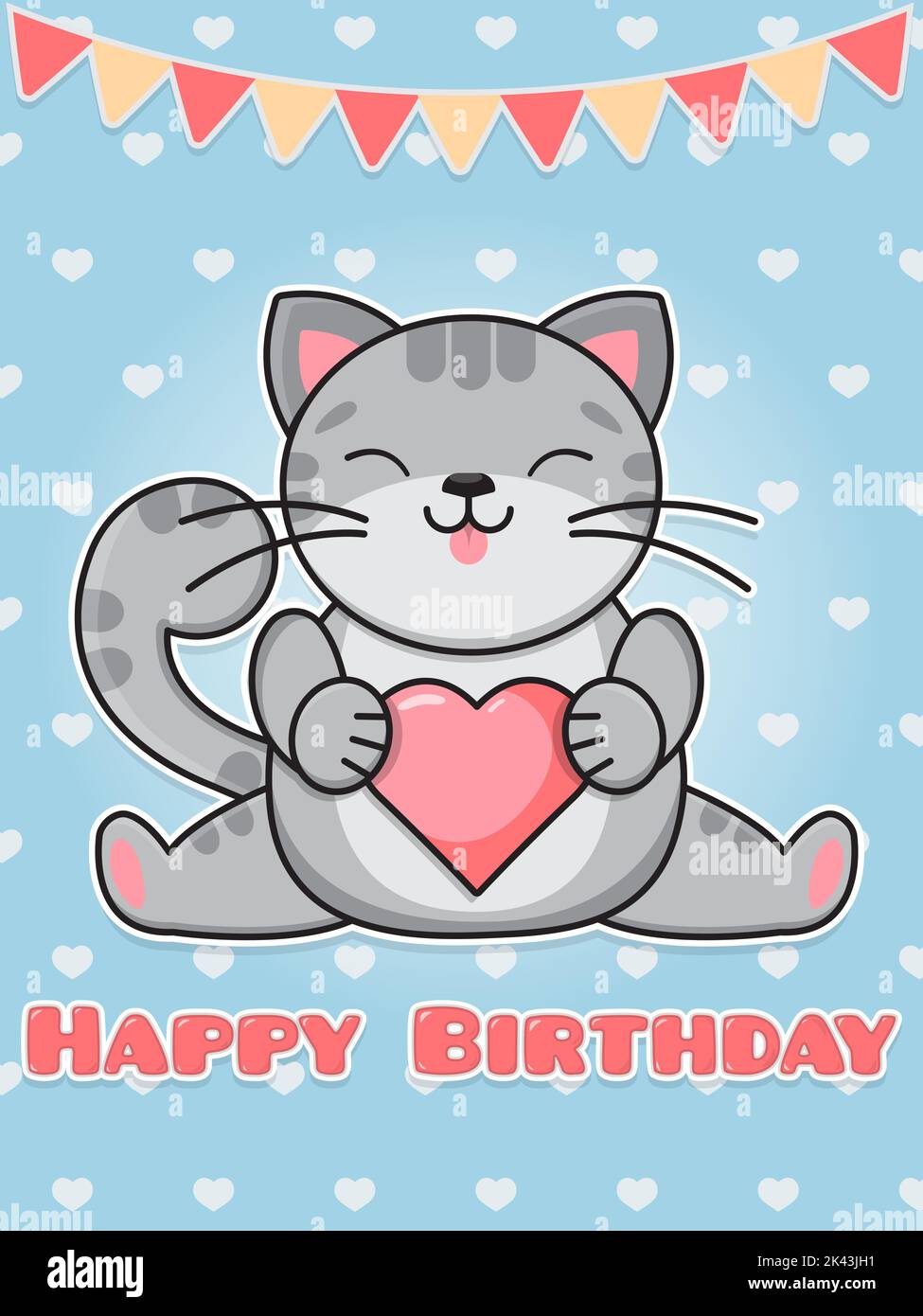 Greeting card Happy Birthday. Cute cat is holding a pink heart. cartoon ...