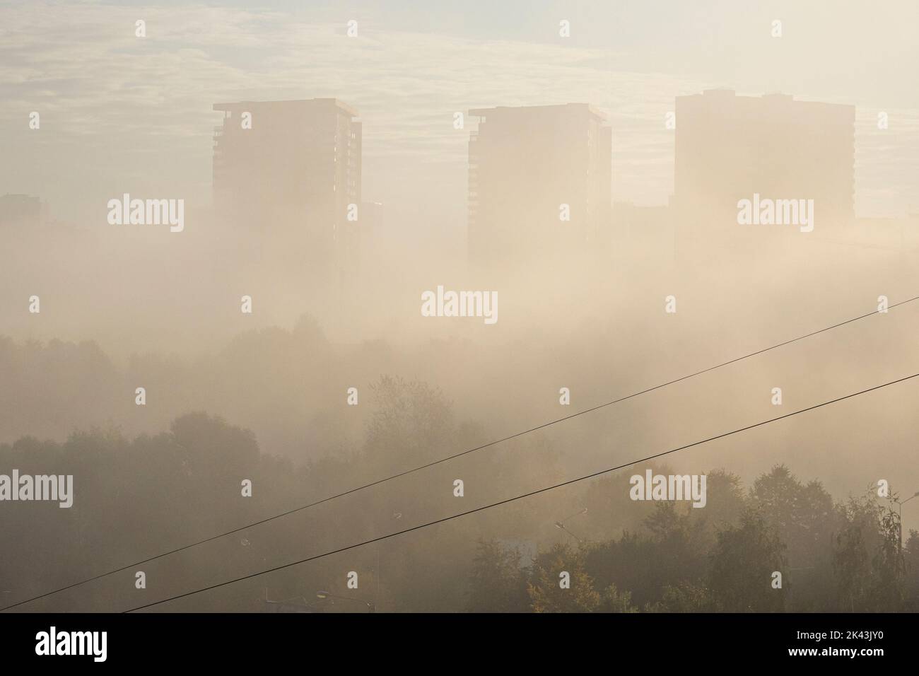 September 27, 2022. Russia, Moscow. A view of a foggy street. Thick fog ...