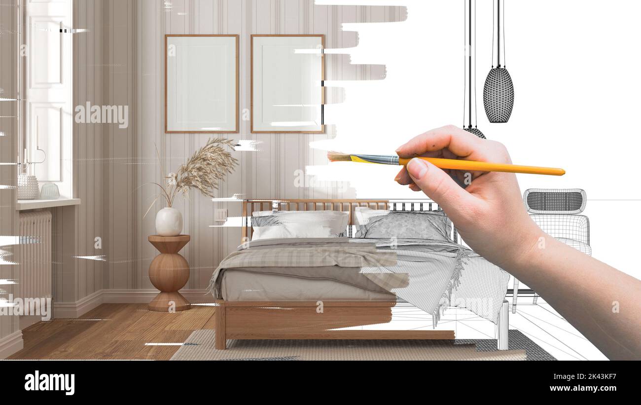 Blueprint project draft, sketch of scandinavian bedroom, hand painting ...