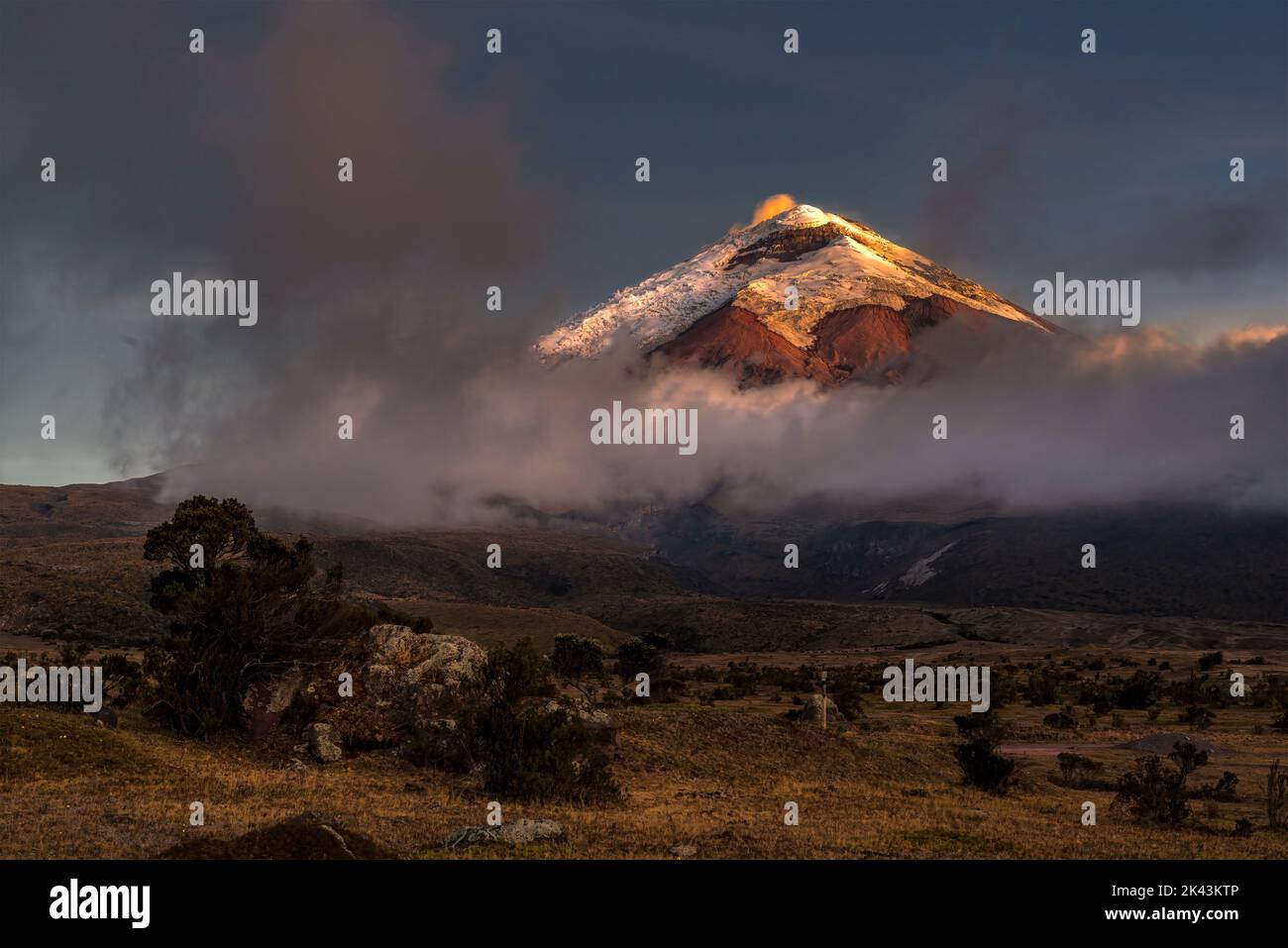 Cotopaxi volcano at dusk. The full moon is rising on the left lighting ...