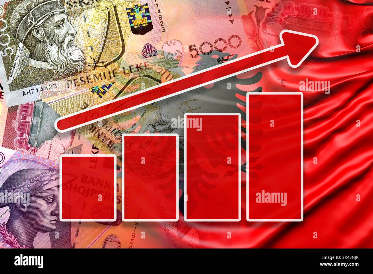 Economy Graph: Rising Arrow, Albanian Flag and Cash Lek Banknotes Stock ...