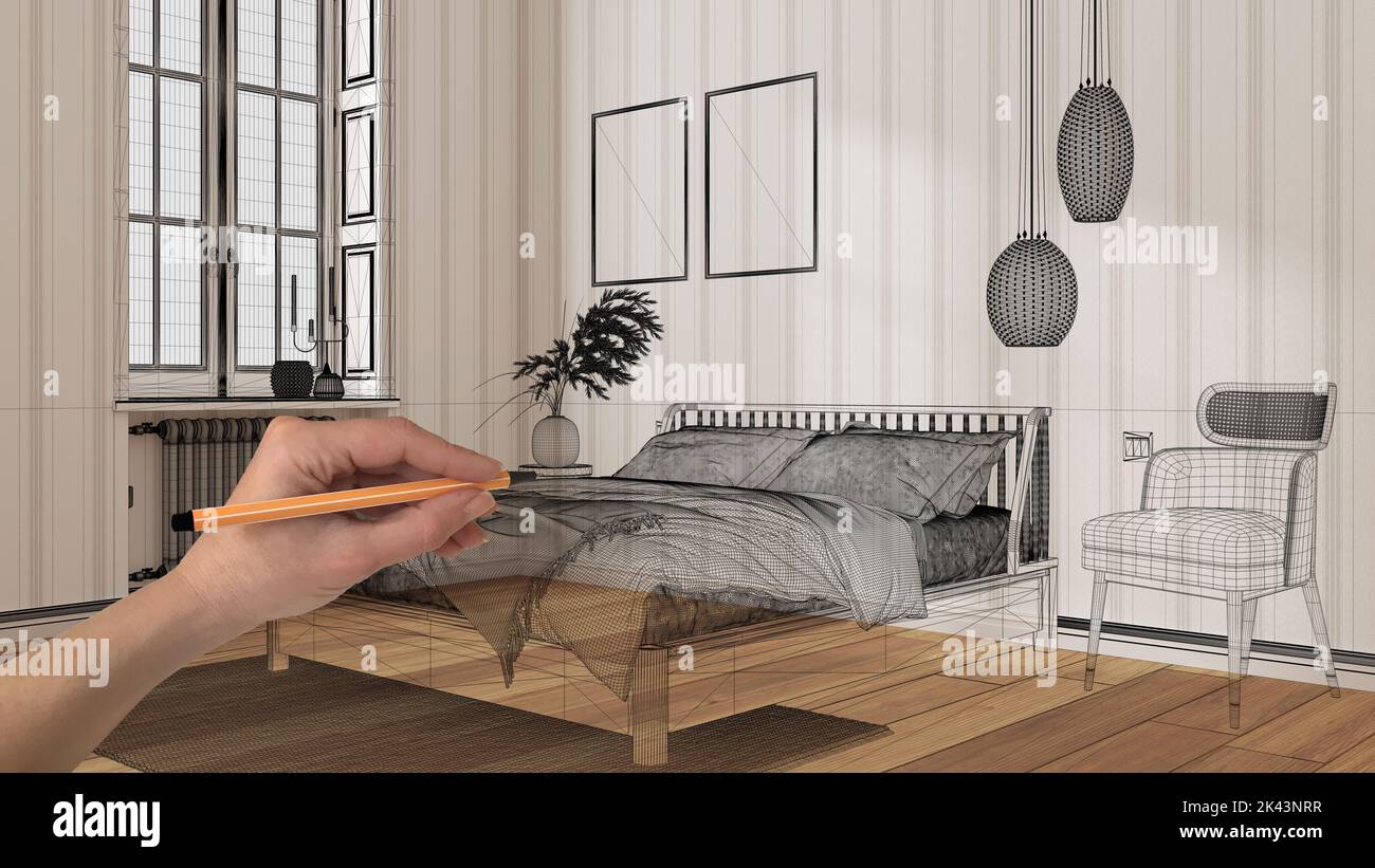 Empty white interior with parquet floor, hand drawing custom ...