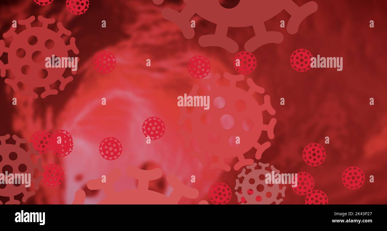 Image of macro red coronavirus cells spinning and spreading on red ...