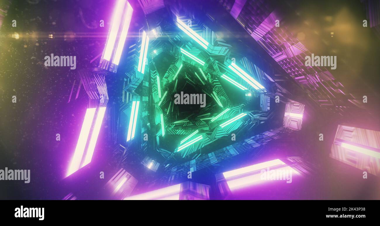 Image of glowing triangles forming tunnel with light trails spinning in ...