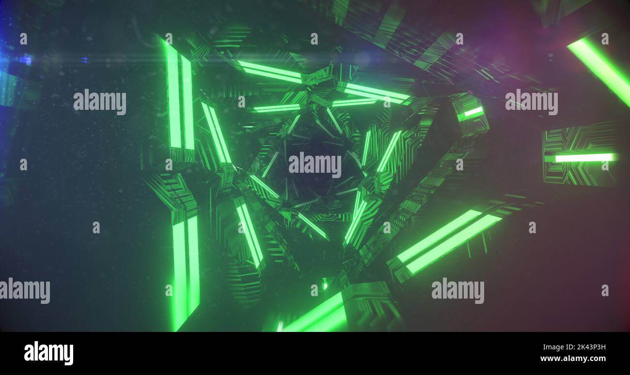 Image of glowing green triangles forming tunnel with light trails ...