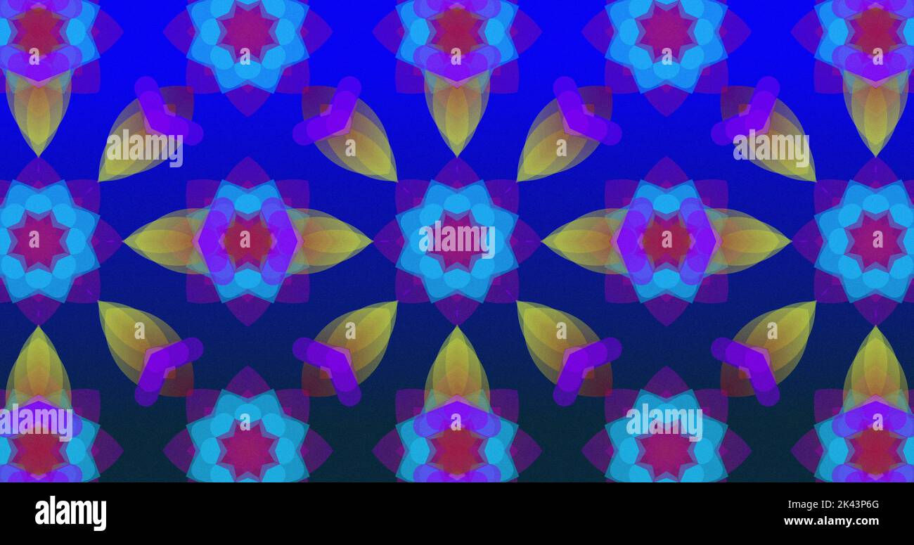 Image of rows of glowing multiple kaleidoscope abstract shapes moving in hypnotic motion in ...