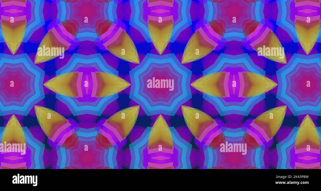 Image of rows of glowing multiple kaleidoscope abstract shapes moving in hypnotic motion in ...