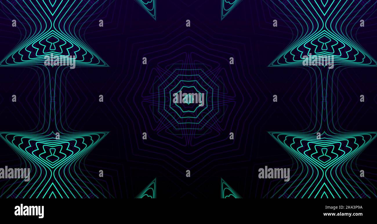 Image of rows of glowing multiple kaleidoscope abstract outlined shapes moving in hypnotic ...