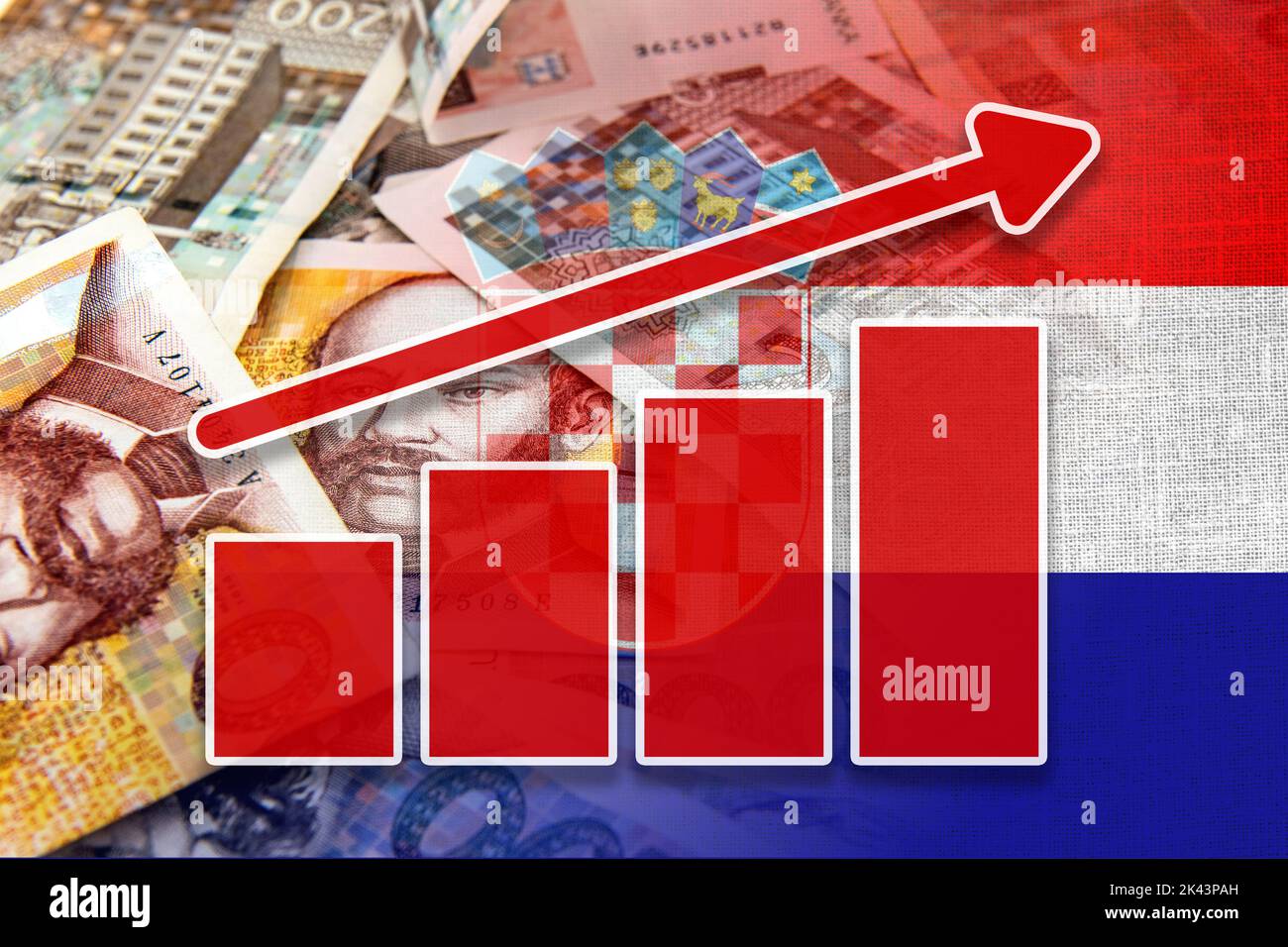 Economy Graph: Rising Arrow, Croatia Flag and Cash Kuna Banknotes Stock ...