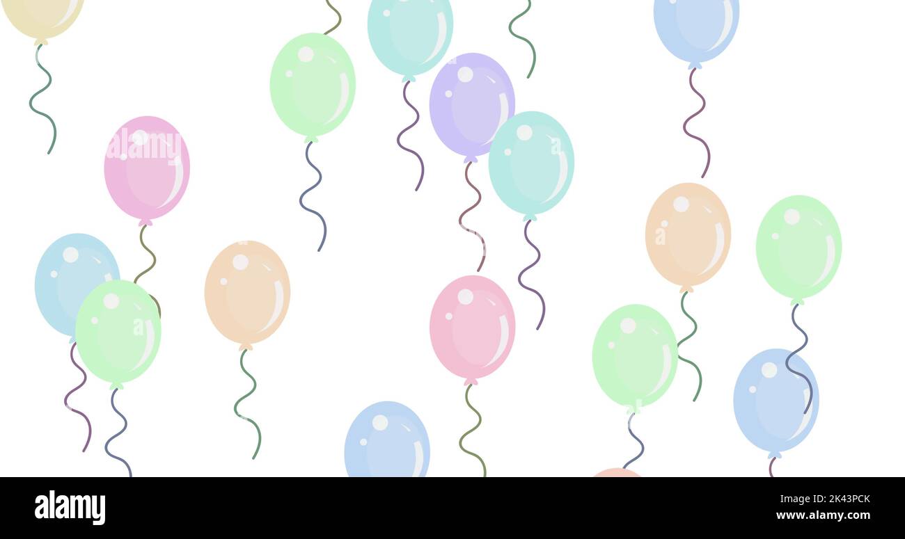 Image of multiple multi coloured balloons flying against white ...