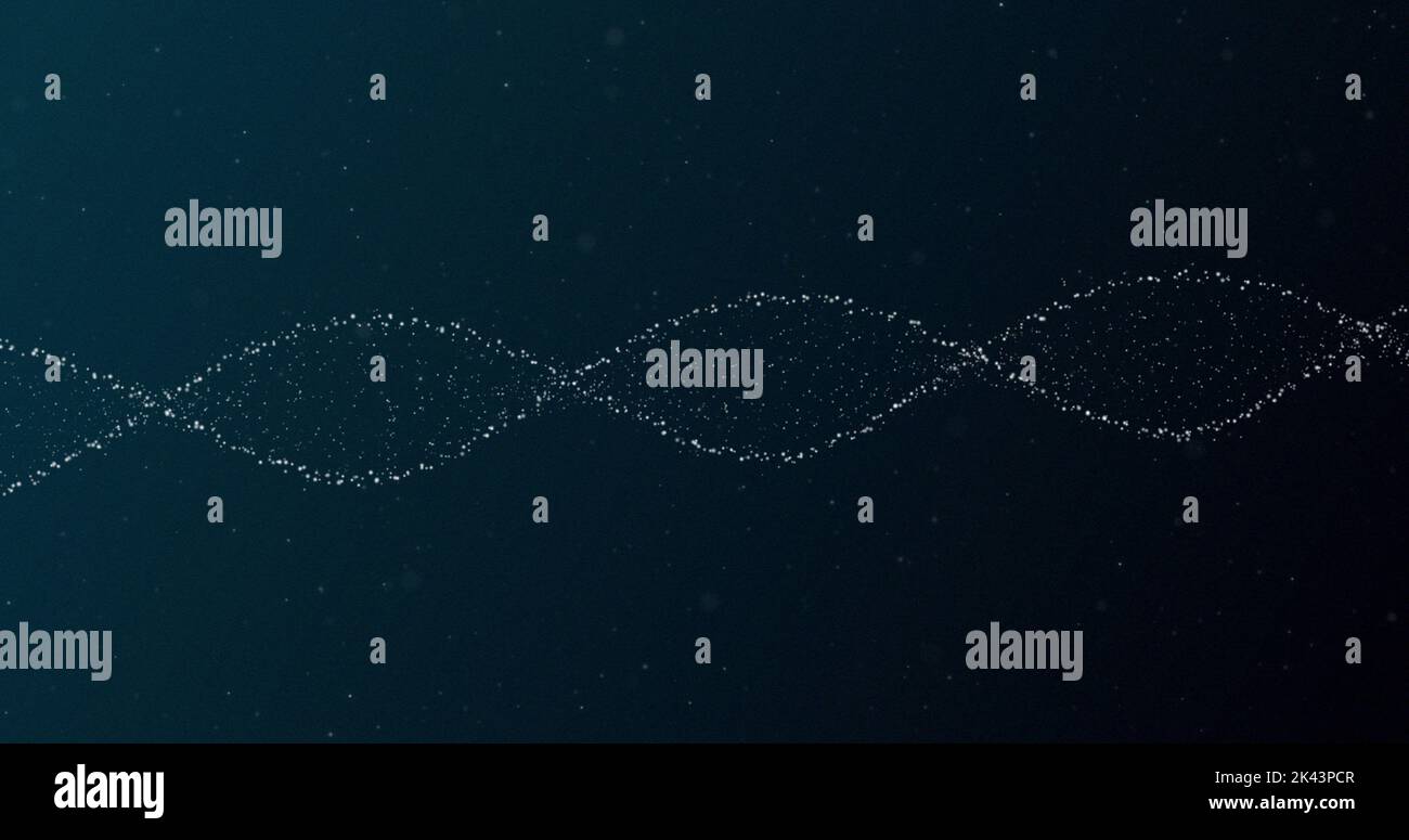 Image of white glowing double helix DNA strand spinning on black ...