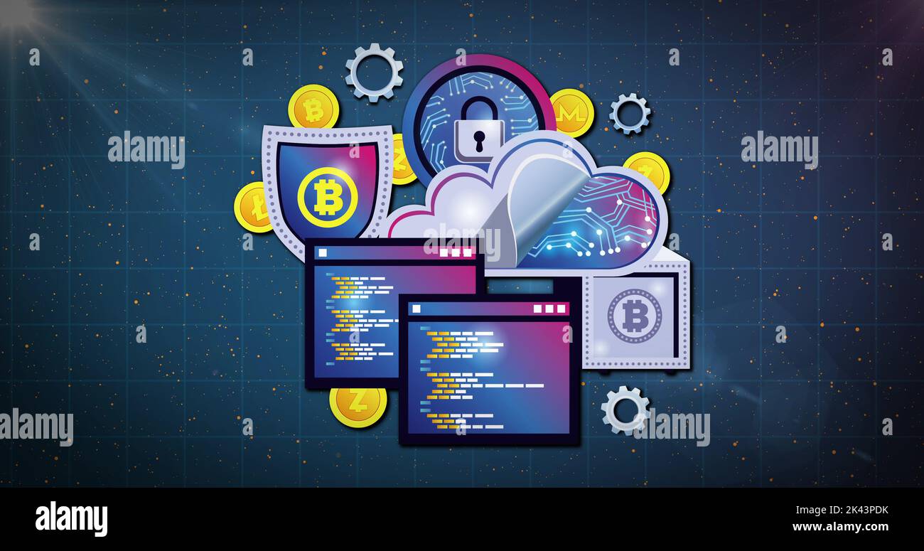 Image of multiple digital screens, online security padlock and Bitcoin ...