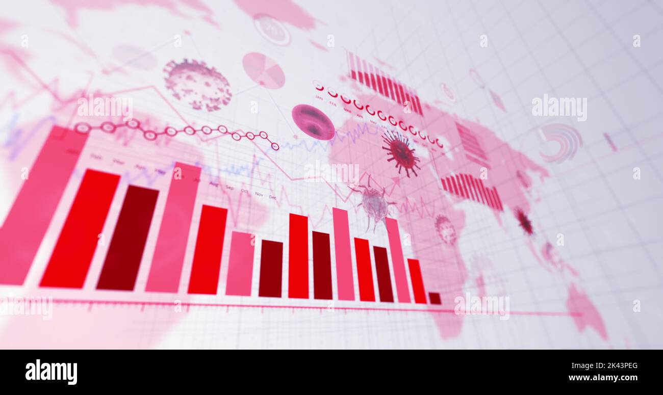 Image of coronavirus Covid 19 cells with graph statistics recording and ...