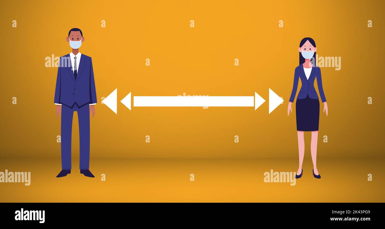 Image of pictogram of man and woman wearing masks with white arrow and green tick. Social ...