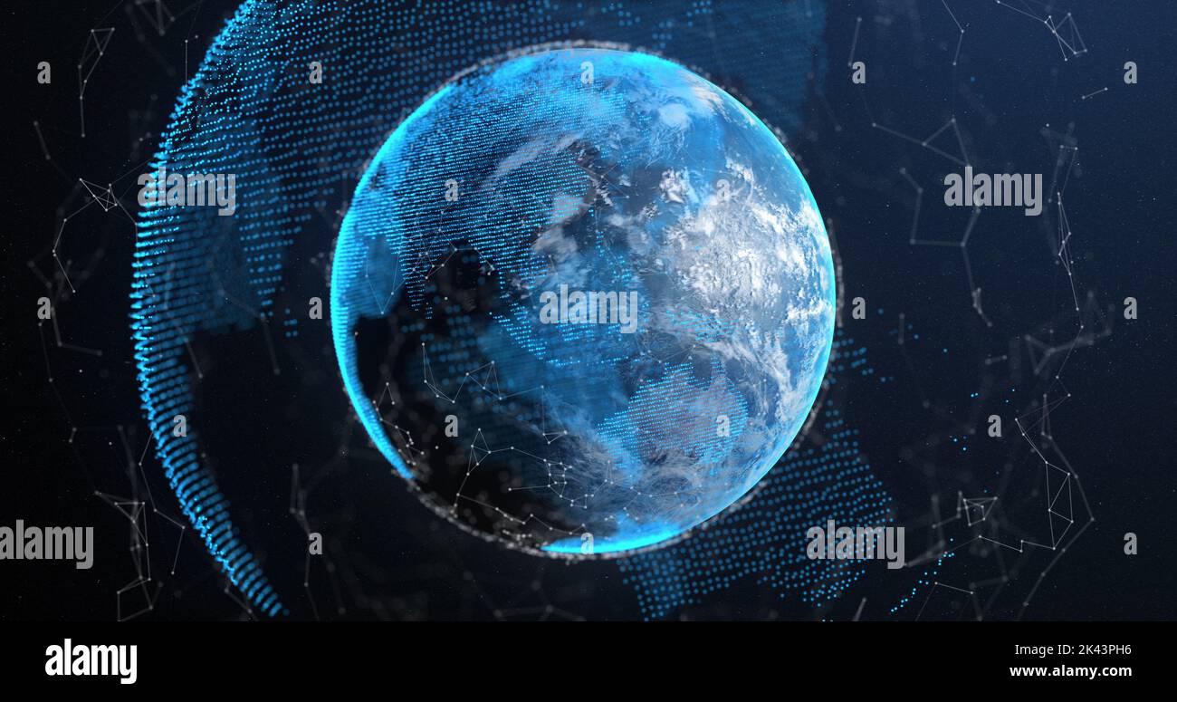 Image of blue glowing planet Earth with digital network of connections ...